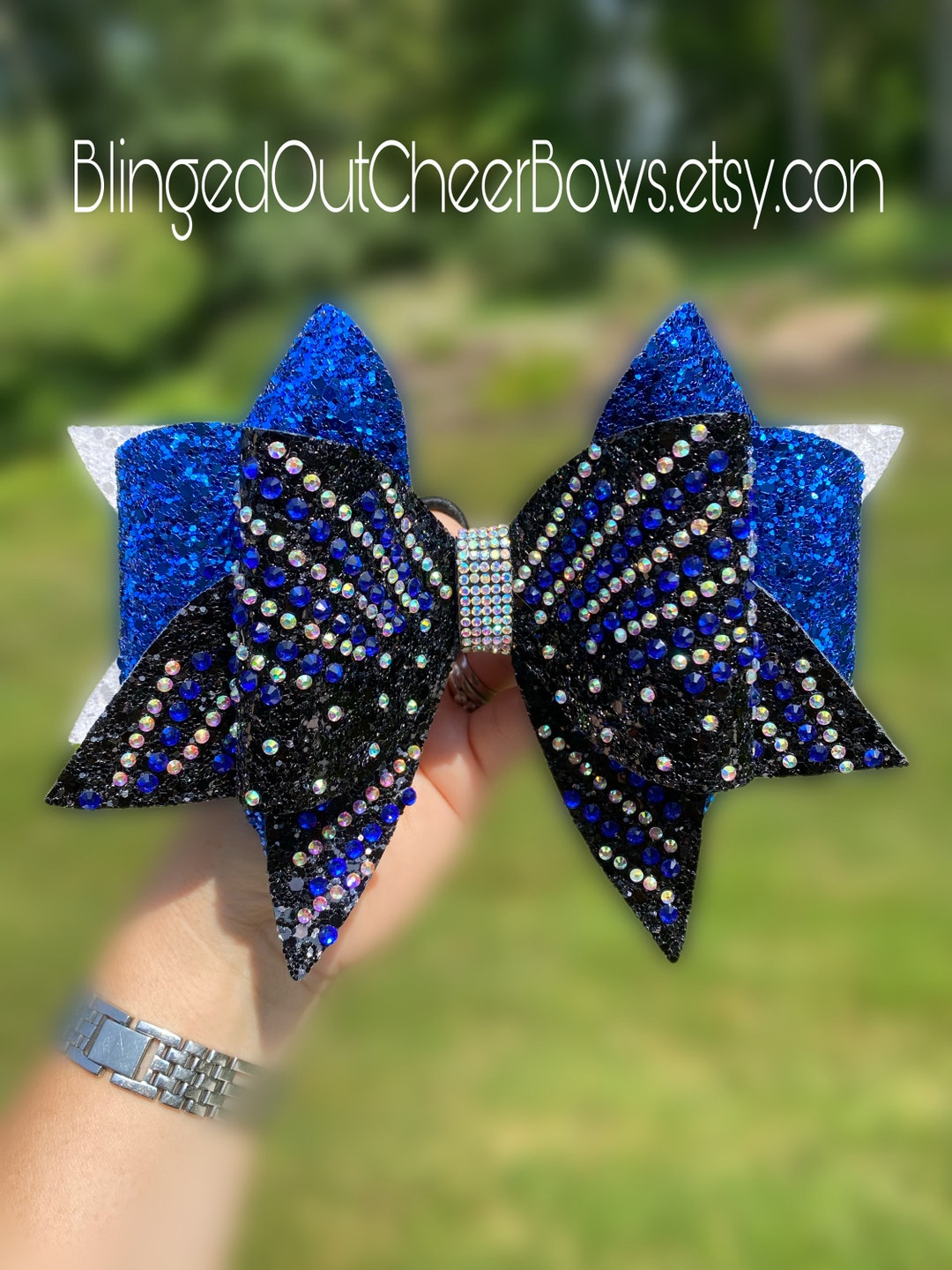 Royal Blue and Black Rhinestone Cheer Bow// Competition Cheer - Etsy