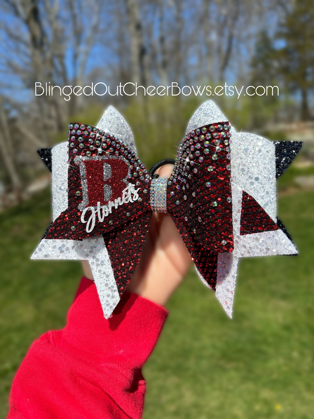 Large 7 Cheer Bow// Red, Black and White Cheer Bow//red Bling Bow//red ...