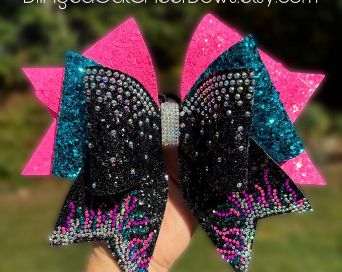 Large Cheer Bow in Black, Pink and Teal With Flames Rhinestones ...