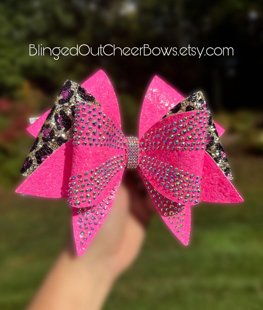 Neon Pink Cheer Bow// Rhinestone Cheer Bow/pink Leopard Cheer Bow - Etsy
