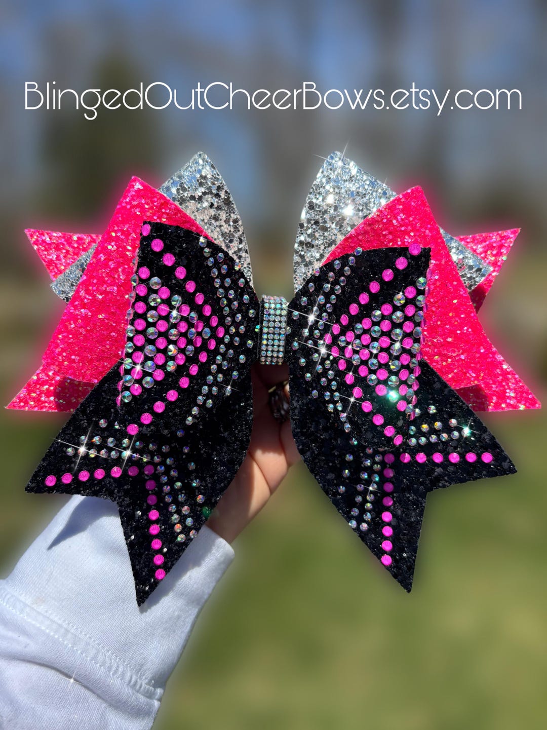 Black and Neon Pink Cheer Bow//neon Pink Rhinestone Cheer Bow ...