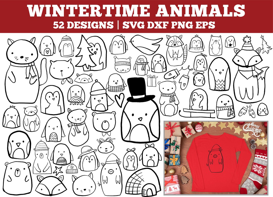Doodle Winter Animal SVG Bundle, Winter Animals Clipart, Penguin, Fox ...