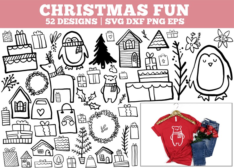 Christmas Doodles Bundle, Vector Art, Penguin Svg, Png, Christmas Hand ...