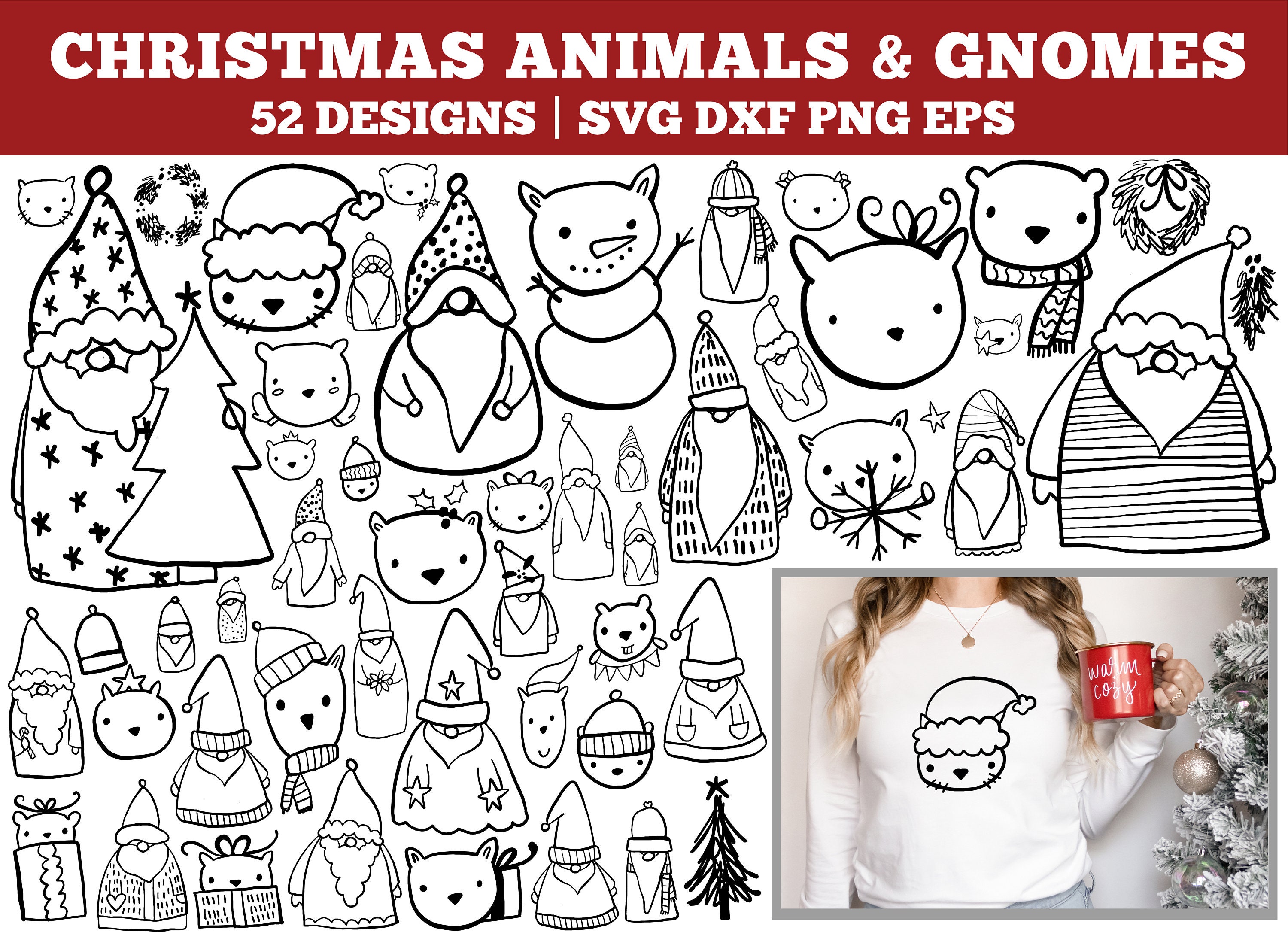 Christmas Animal Svg Bundle, Hand Drawn Svg Bundle, Doodle Svg, Png ...