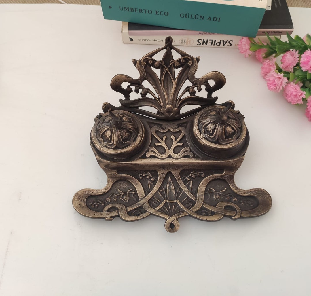 Inkwell Brass Footed Double With Two Inserts - Antique Style Office ...