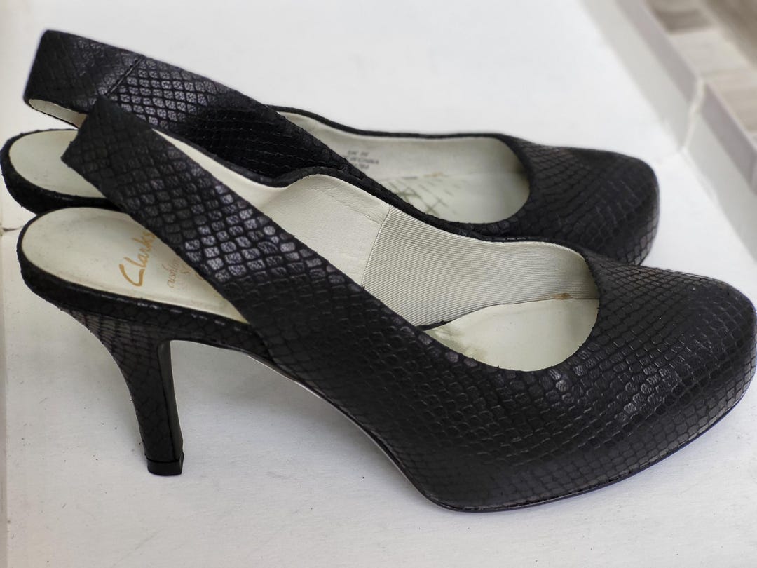 Vintage Leather CLARKS High Heel Black Snake Skin Platform Pumps Size 5 ...