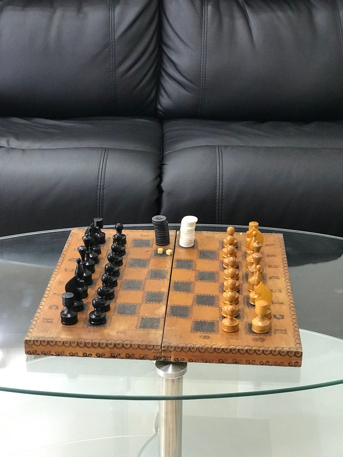 Vintage Medium Chess Set and Backgammon 60s travel Wood Chess - Etsy