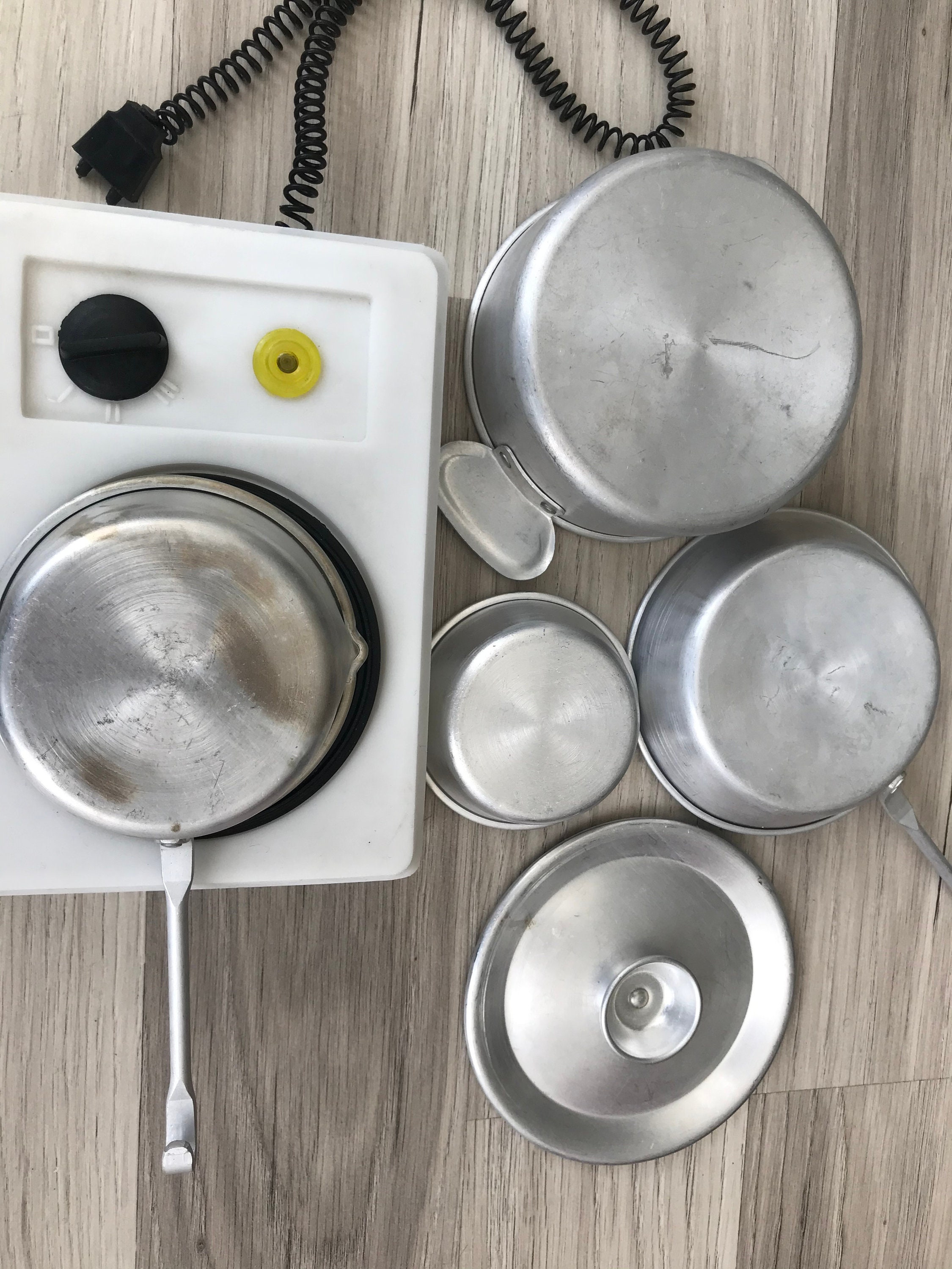 Vintage toy stove with saucepan two frying pans and a bowl | Etsy