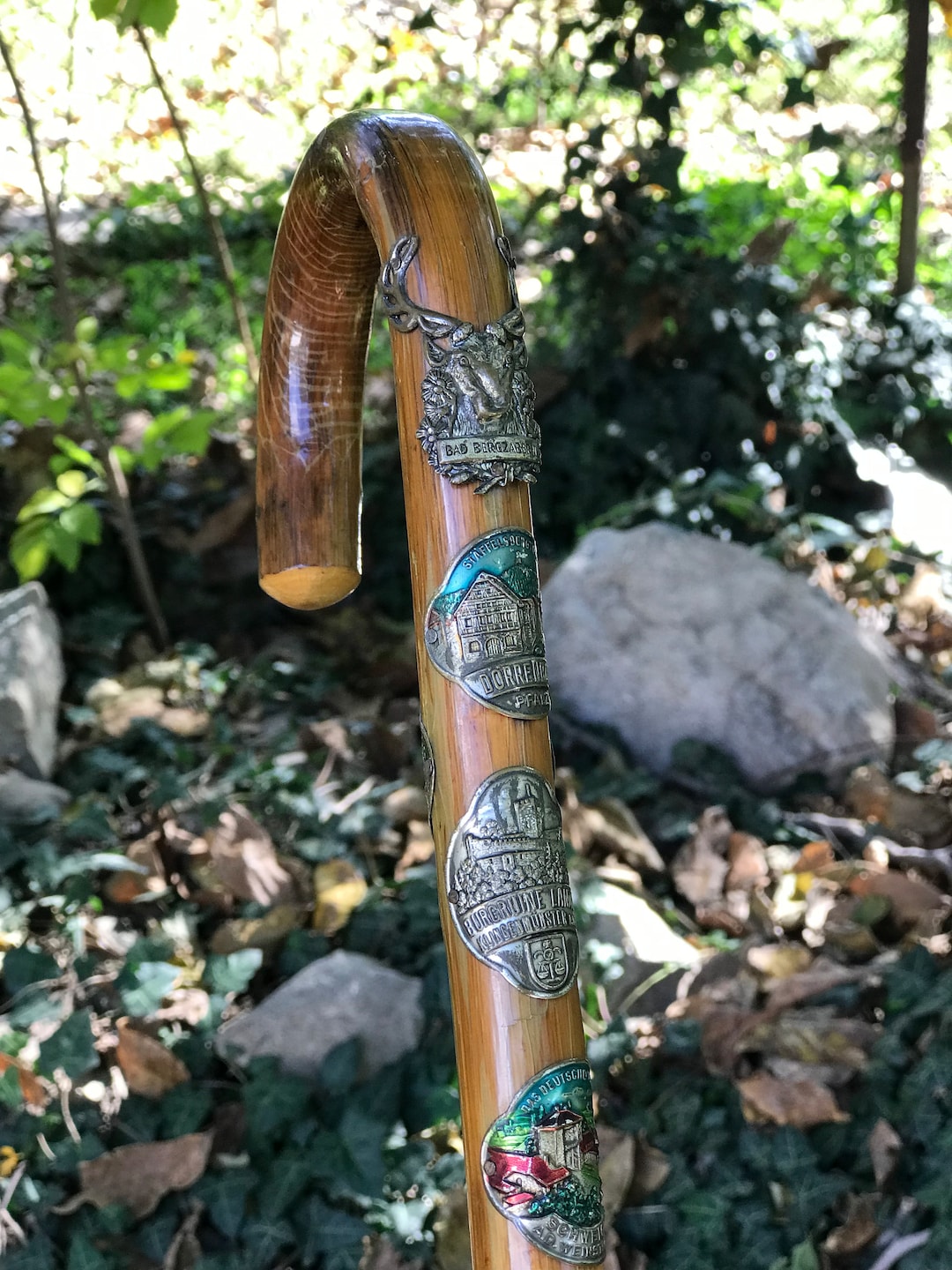 Vintage Cane - Old Wooden Cane - Cane With Metal Badges - Antique ...