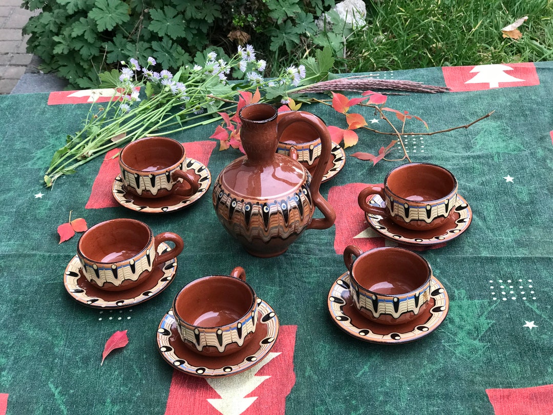 Vintage Pottery Drinking Set bulgarian Ceramics Set set Pottery Pitcher ...