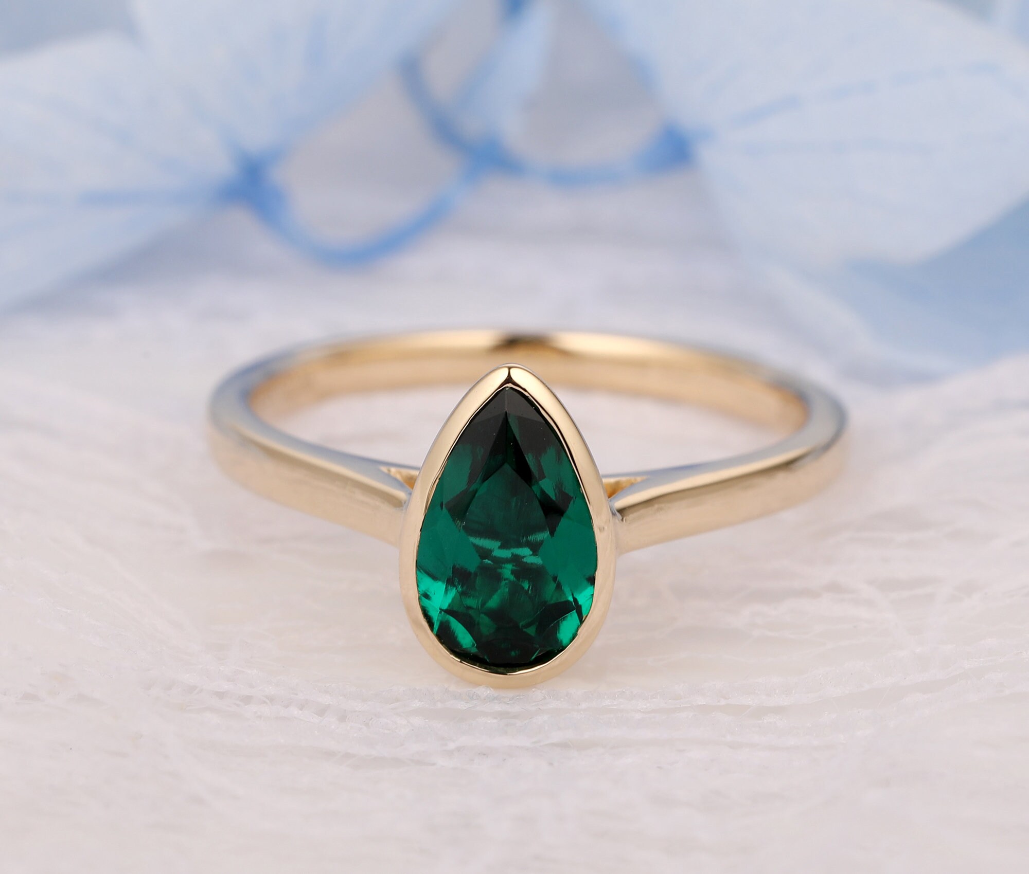 Pear Cut 5x8mm Emerald Ring Bezel Setting Emerald Ring Solid | Etsy