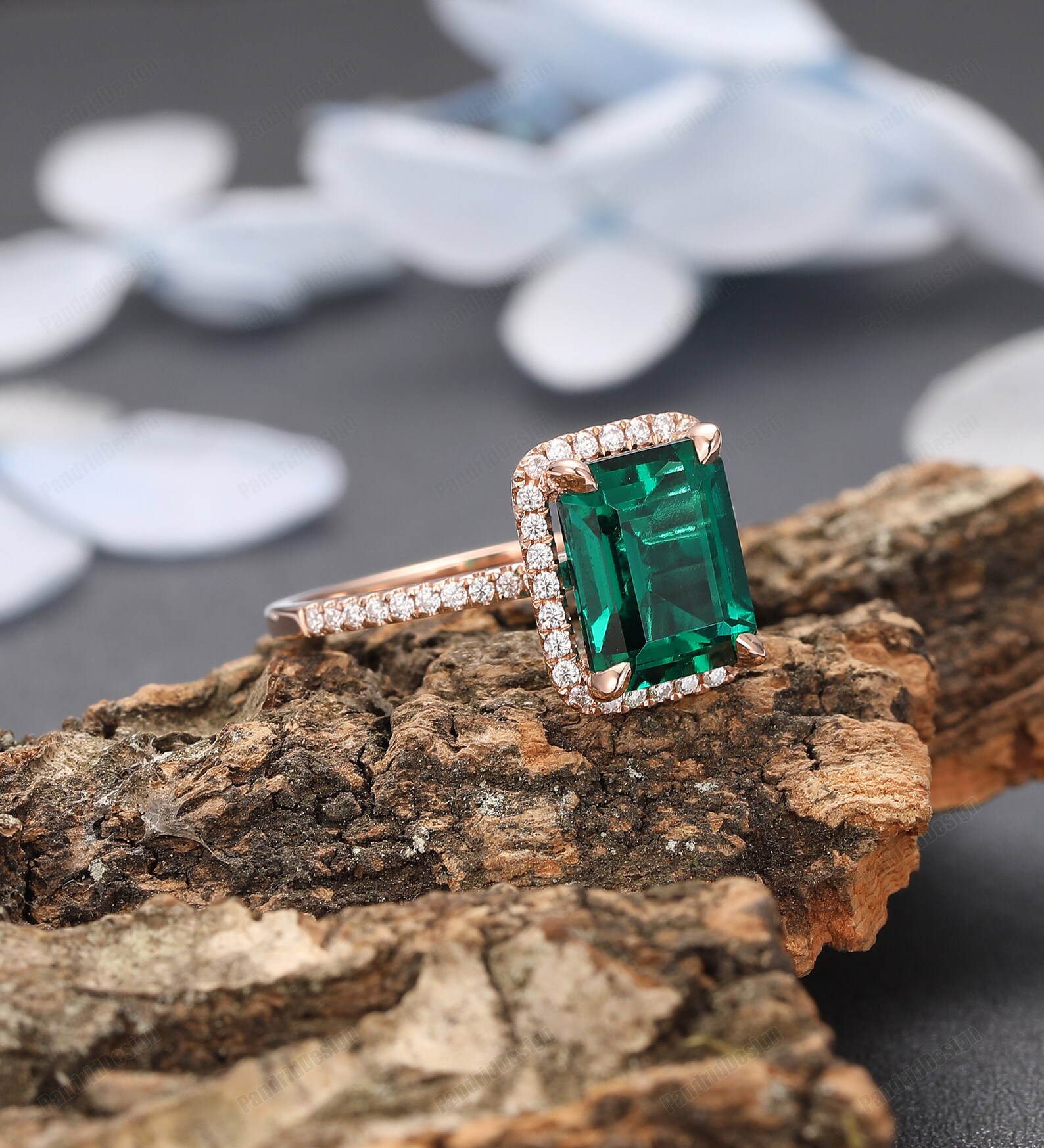 4CT Halo 8x10mm Emerald Cut Lab Created Emerald Ring 14k Rose - Etsy