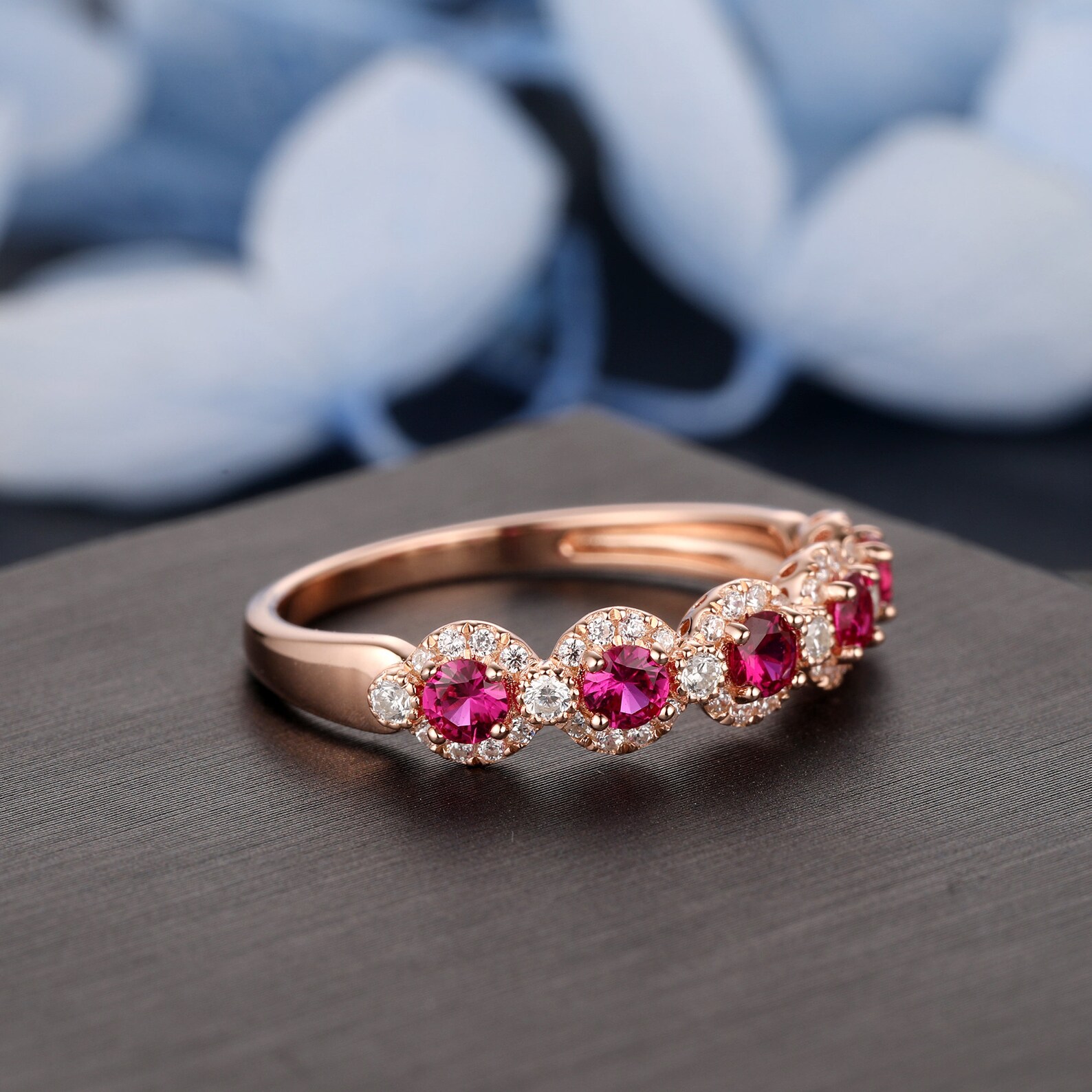 Round 0.40ctw Natural Ruby Engagement Ring 5 Stones Ruby Halo | Etsy