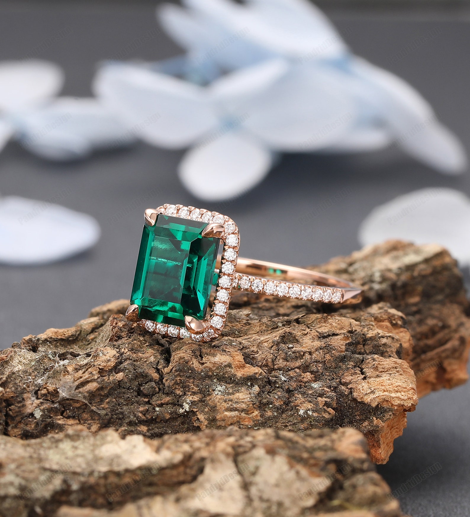 4CT Halo 8x10mm Emerald Cut Lab Created Emerald Ring 14k Rose - Etsy