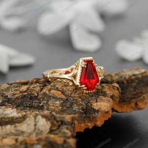 Dainty 7x10mm Coffin Ruby Engagement Rings, Coffin Gold Ring, Red ...