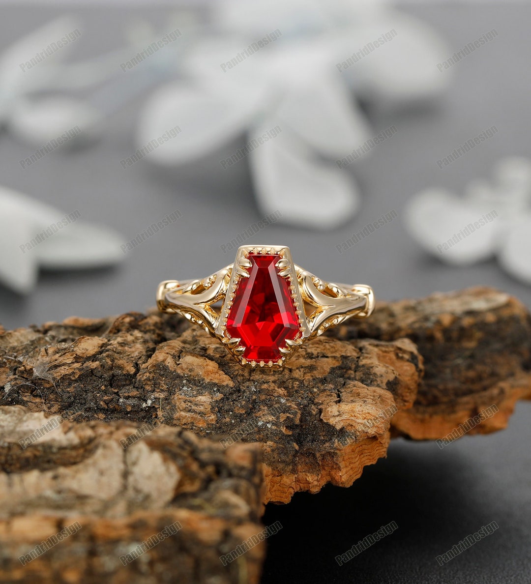 Vintage 7x10mm Coffin Ruby Engagement Rings, Coffin Gold Ring, Red ...