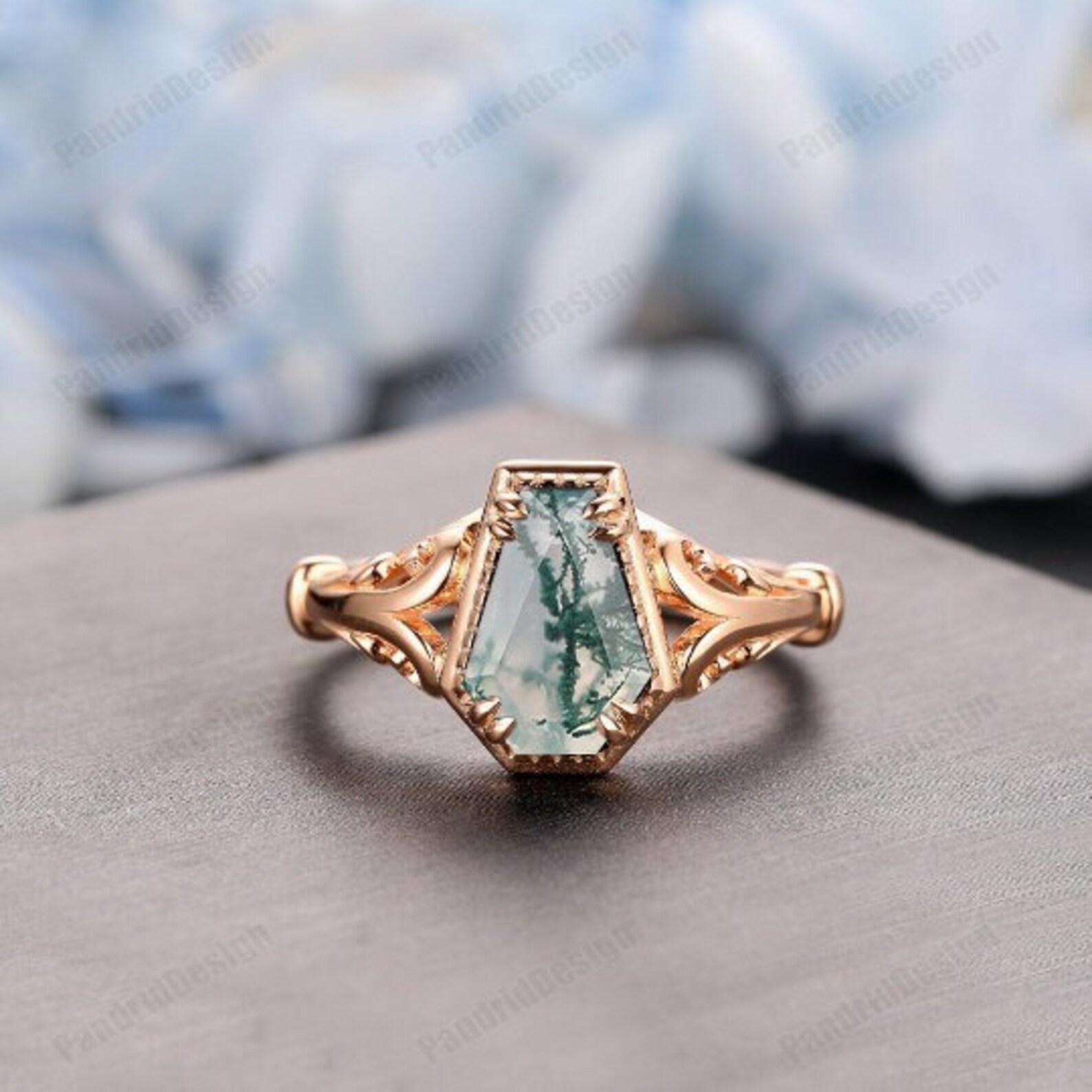 Antique Coffin Cut Moss Agate Wedding Ring, Rose Gold Coffin Shape ...