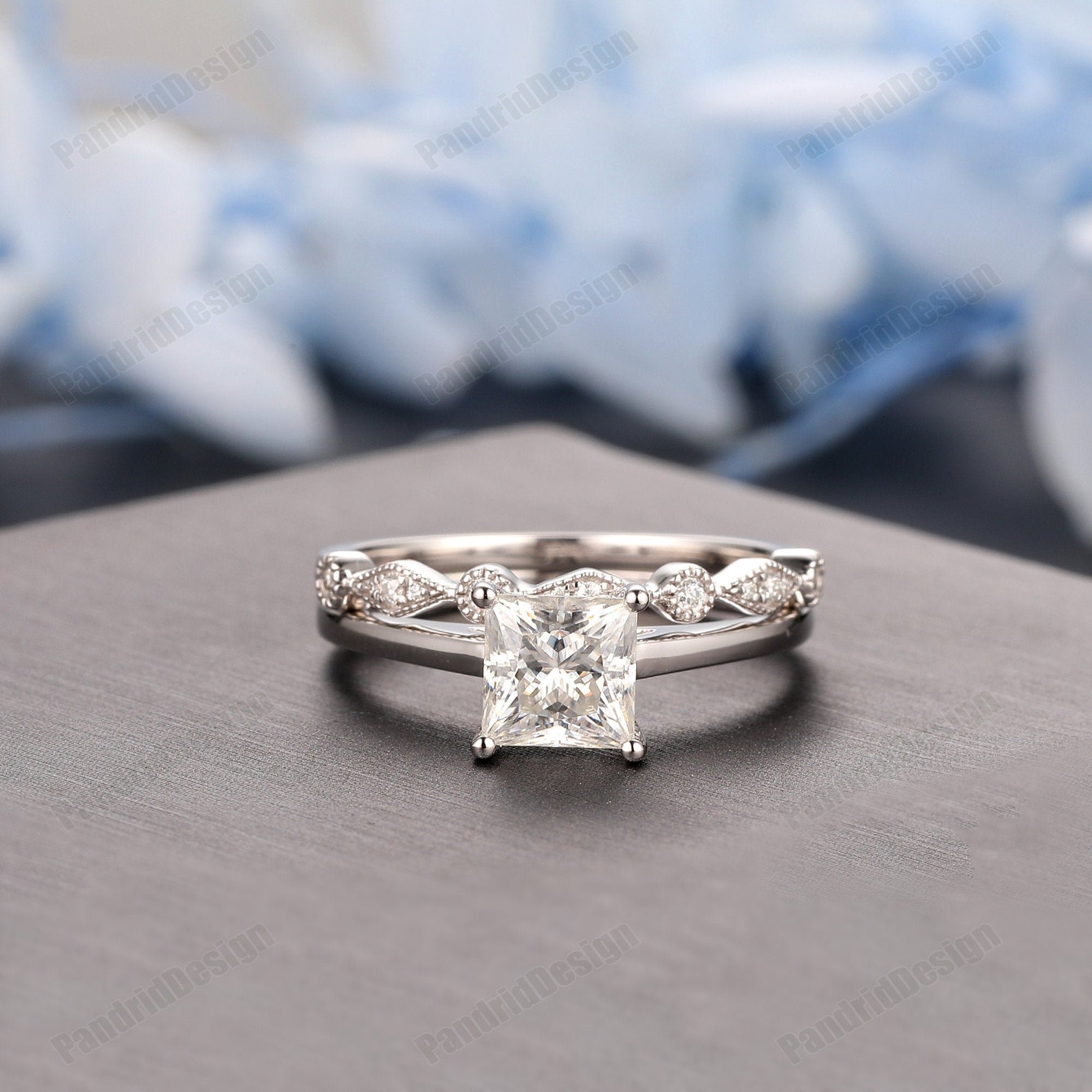 Art Deco Bridal Set Princess Cut 6mm Simulated Diamond Ring - Etsy