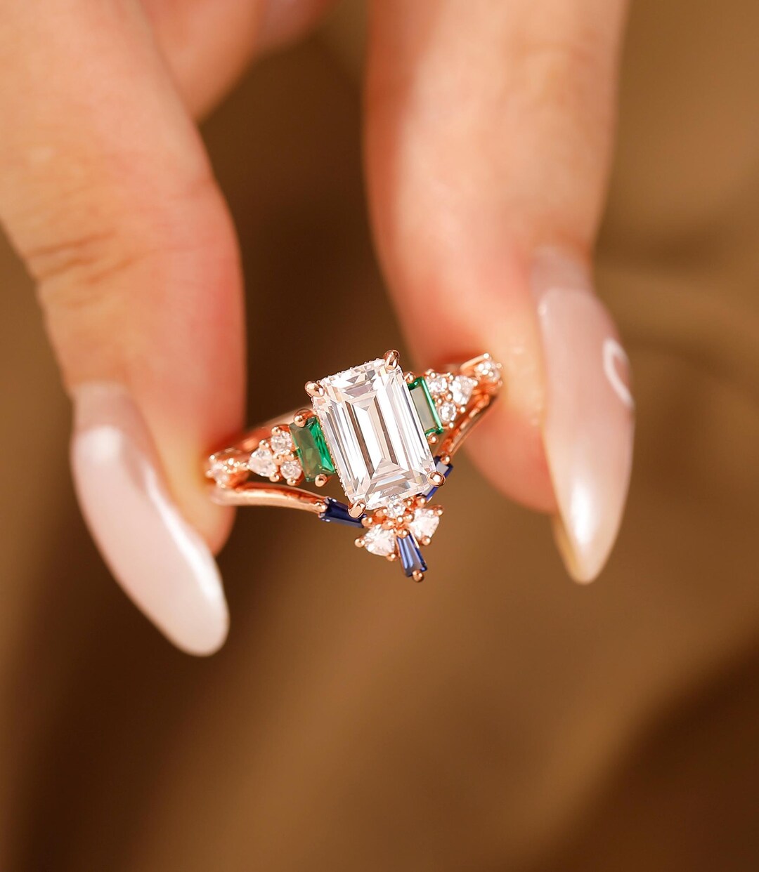 Handcrafted Unique Jewelry Long Emerald Cut Moissanite Bridal ...