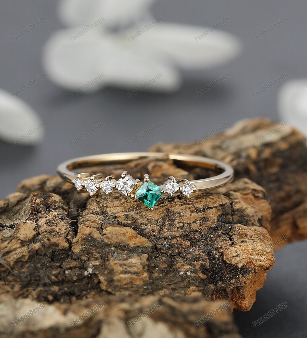 Natural Emerald Gemstone Ring, Cluster Diamond Ring, 14K Rose Gold Ring ...