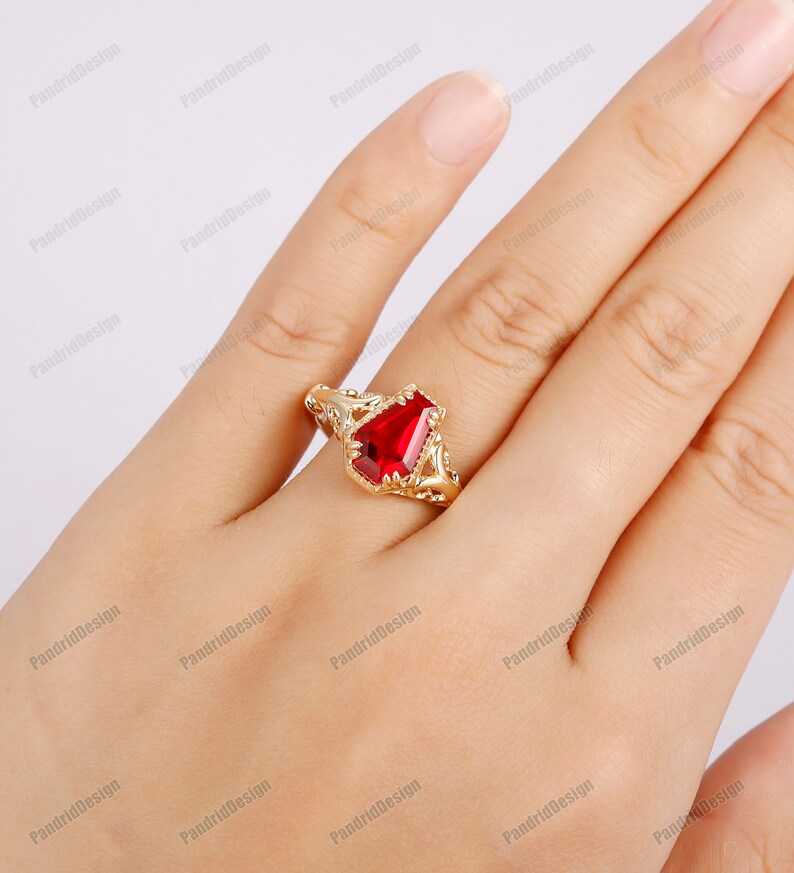 Vintage 7x10mm Coffin Ruby Engagement Rings, Coffin Gold Ring, Red ...