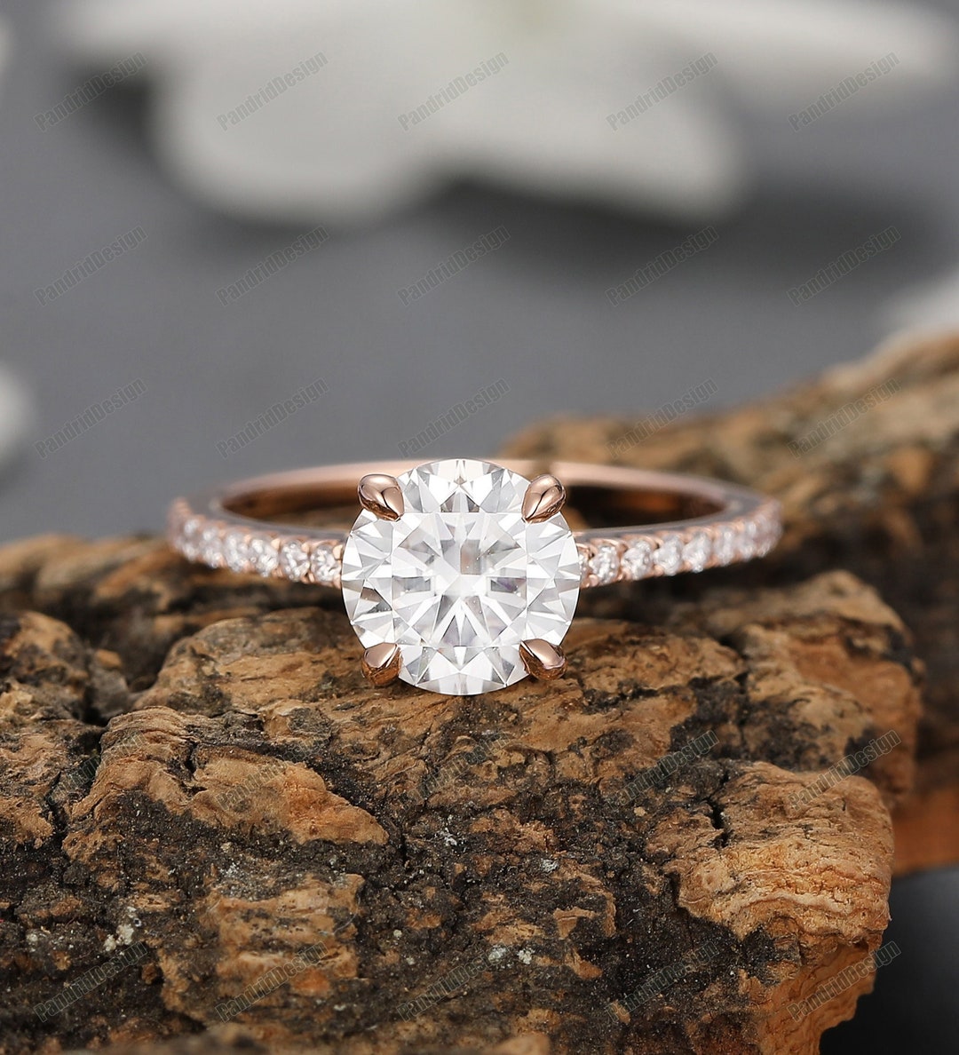 14k Rose Gold Pointed Prongs Moissanite Ring, Round Cut 7mm Simulated ...
