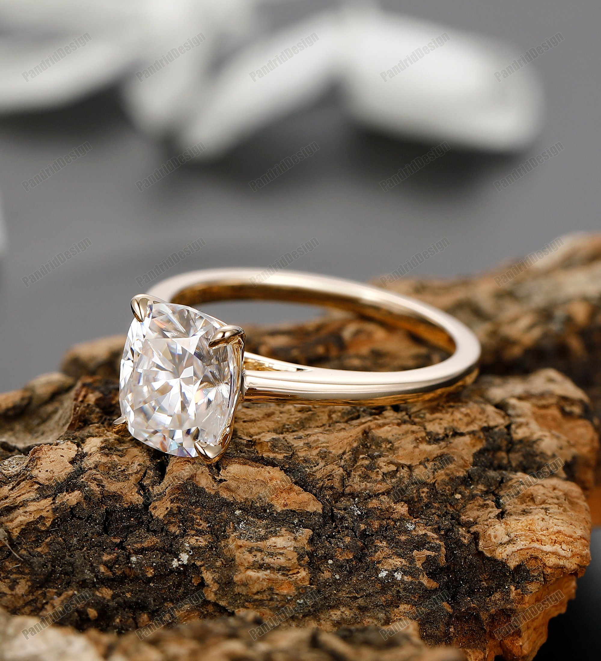 1.6mm Band Solitaire Wedding Ring, Cathedral Style 2.0CT Rectangular ...