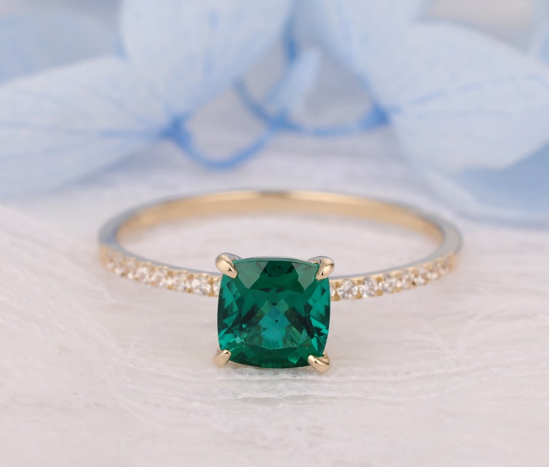 6.5mm Cushion Cut Lab Created Emerald Ring 14K Yellow Gold | Etsy