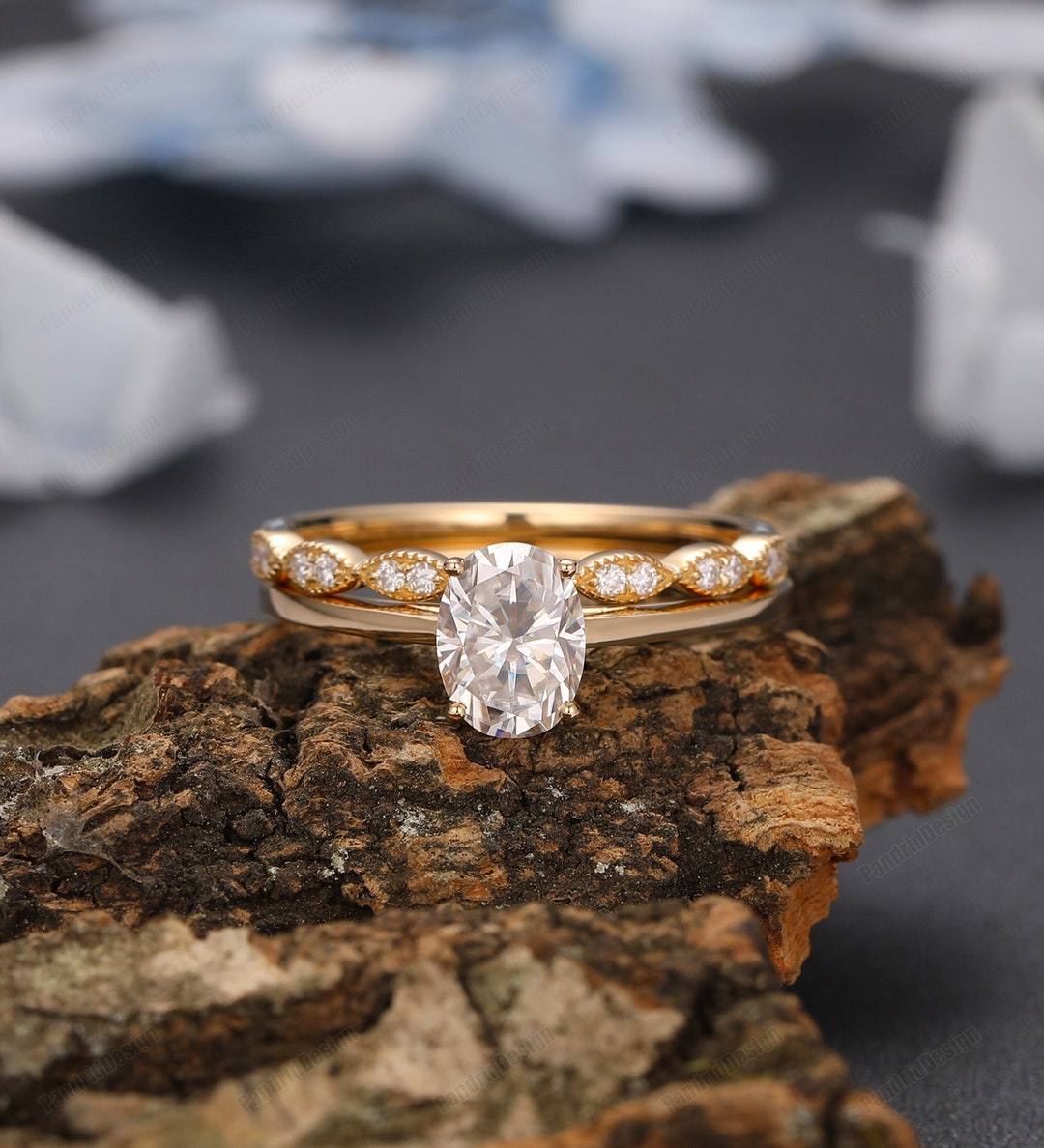 Solitaire Bridal Set, Oval Cut 6x8mm Simulated Diamond Ring, Wedding ...