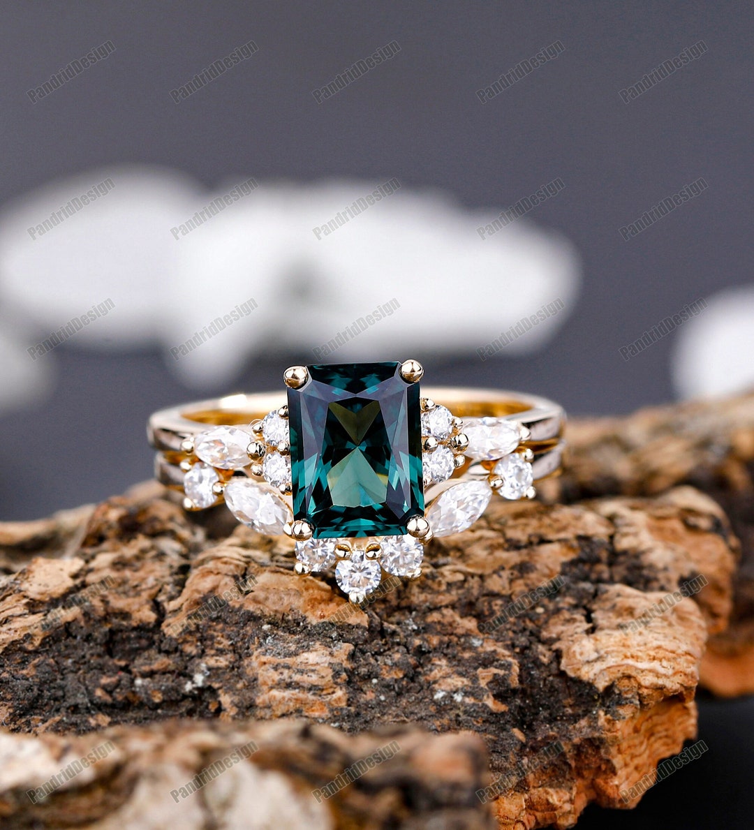 1.5CT Radiant Cut Teal Green Sapphire Engagement Ring Set, Danity Gold ...
