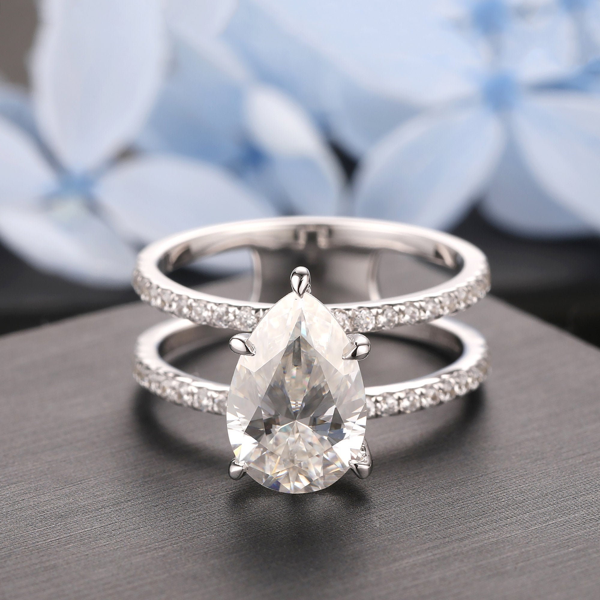 5 Pointed Prong Ring Pear Cut 8x12mm Moissanite Ring Double | Etsy