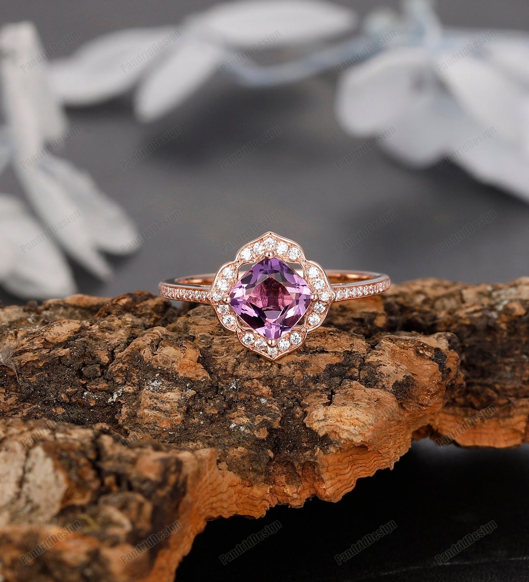 Handcrafted Engagement Wedding Ring, Floral Purple Gemstone Ring ...