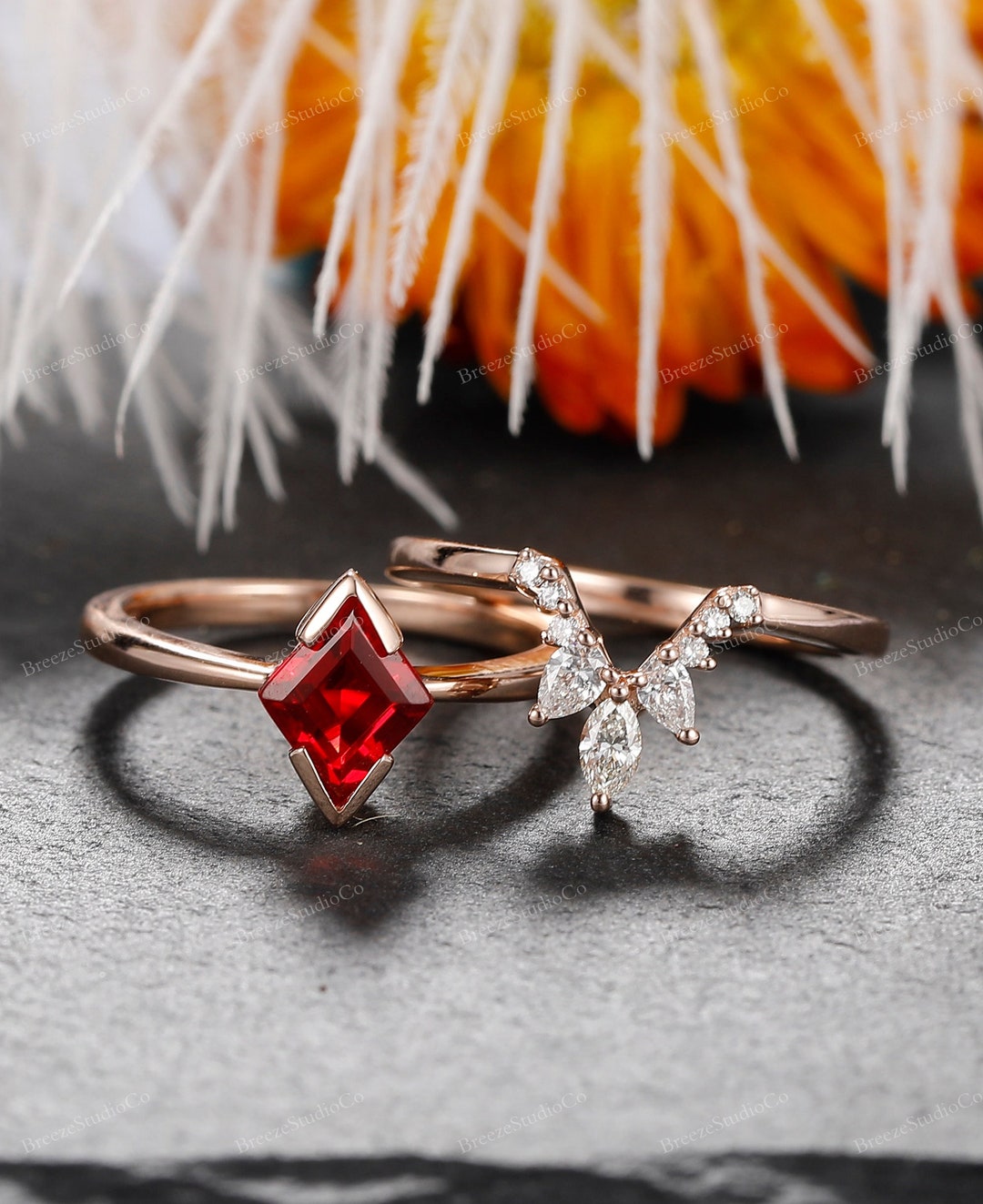 Unique Rhombus Cut Ruby Engagement Ring Set Vintage Wedding Ring Nature ...