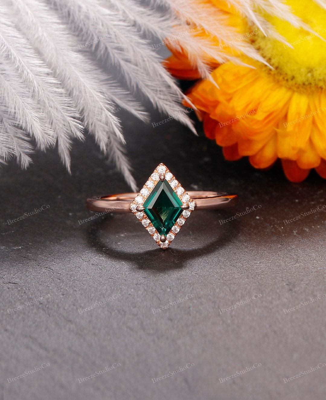 Rhombus Shape Emerald Engagement Ring, Danity Halo Rhombus Cut Green ...