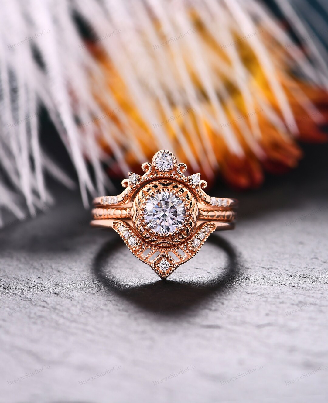 Art Deco Filigree Bridal Set, Pattern Wedding Ring, 6mm Round ...