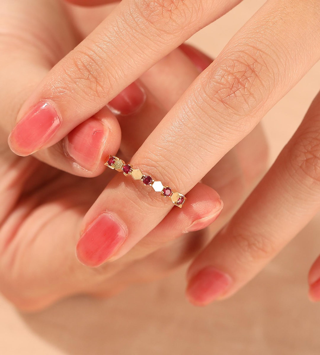 14k Gold Ruby Ring Solid Gold Ruby Wedding Band for Women Minimalist Gemstone Ring Half Eternity ...