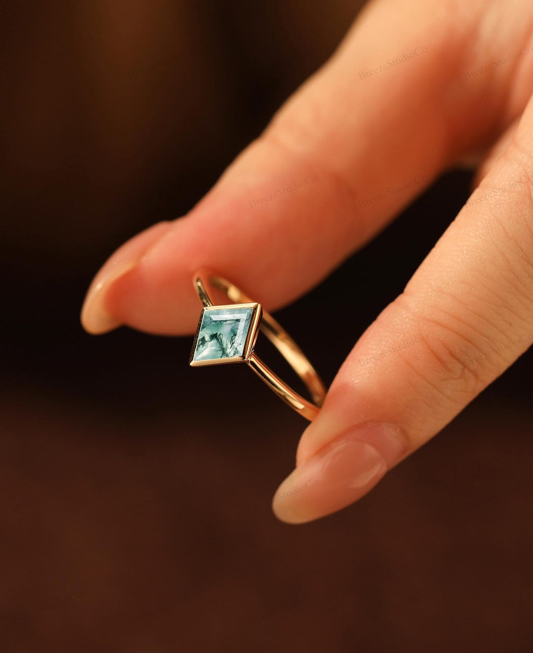 Antique Bezel Set Kite Cut Moss Agate Gemstone Promise Bridal Ring ...