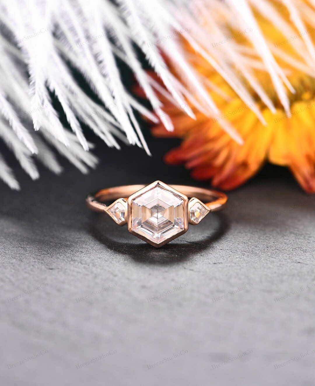 Bezel Hexagon Engagement Ring, Moissanite Wedding Ring, Statement Ring ...