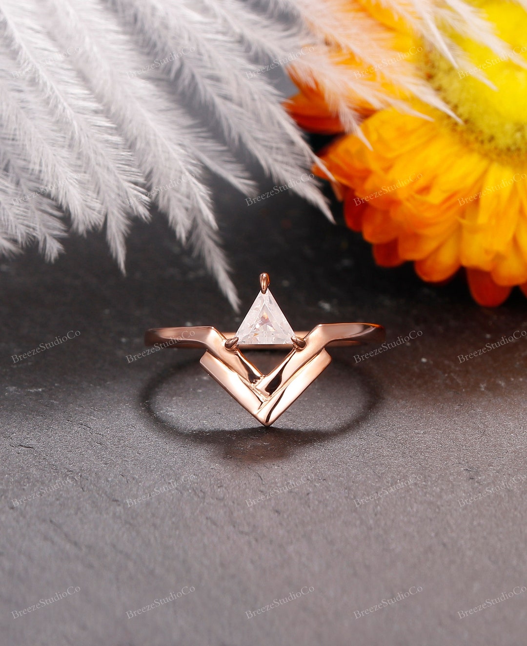 Triangle Cut Diamond Engagement Ring Double V Shape Trillion - Etsy