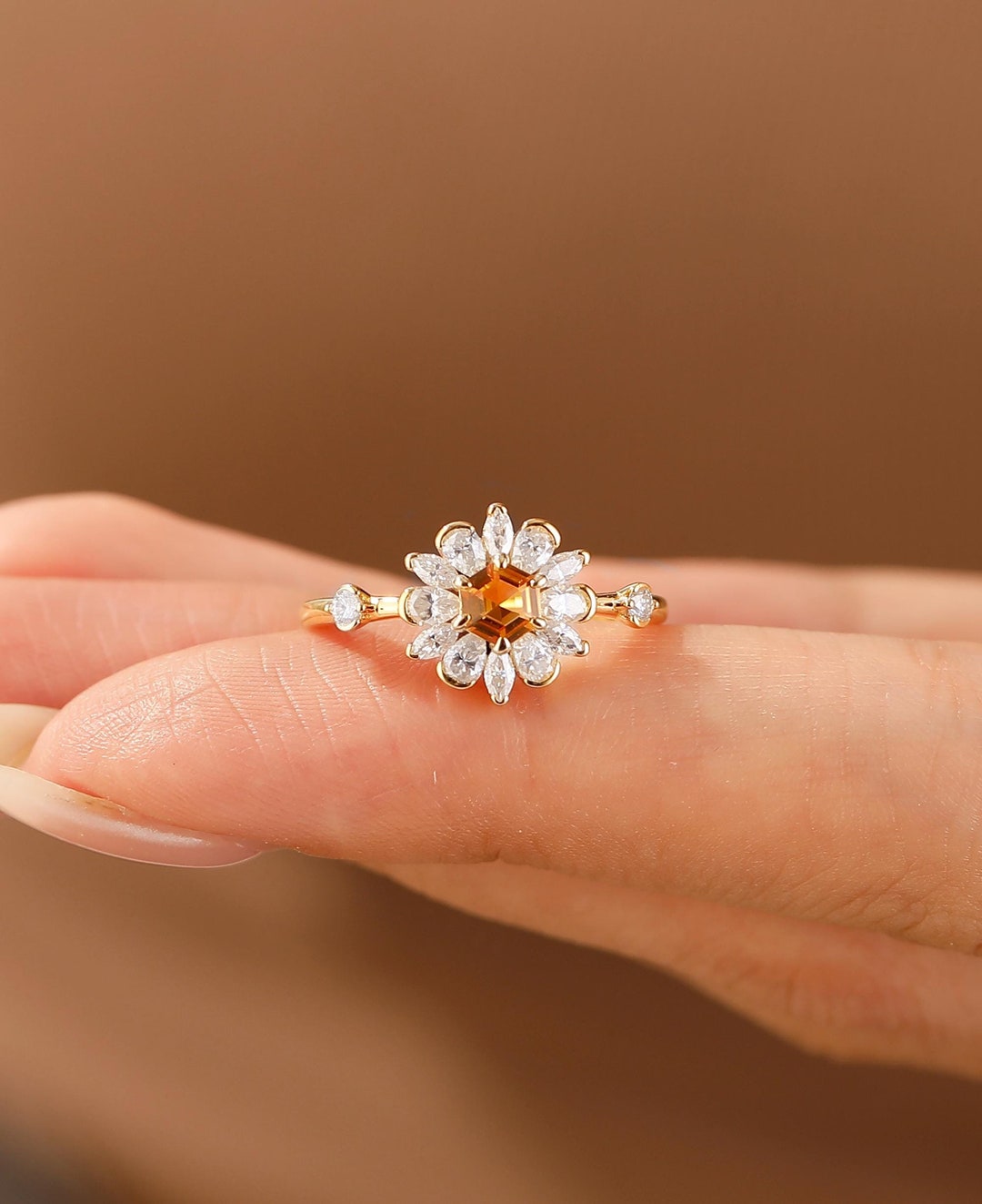 Floral Style Handmade 4mm Hexagon Natural Citrine Engagement Ring ...