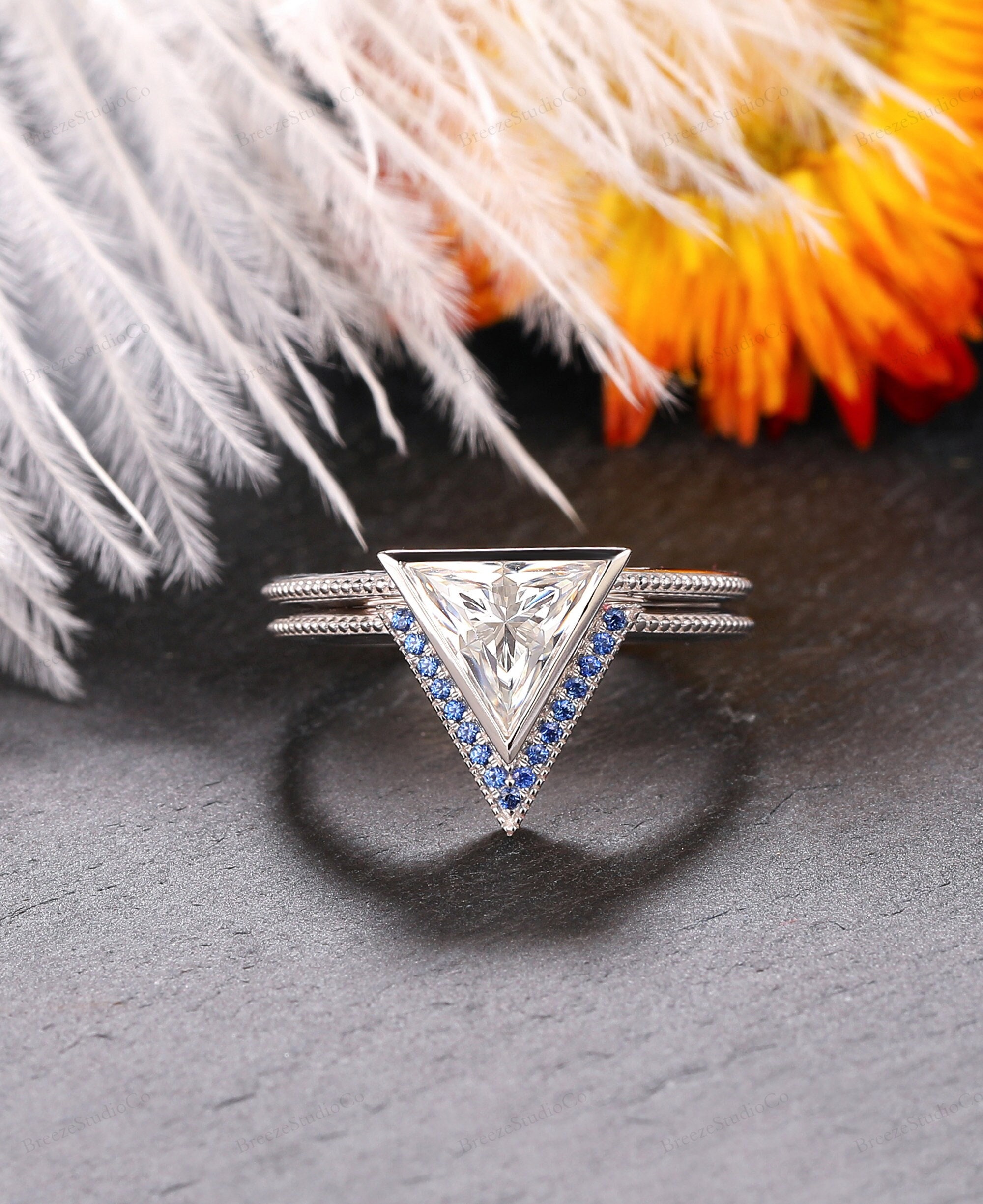 Bezel Triangle Bridal Sets Triangle 8x8mm Moissanite Ring | Etsy