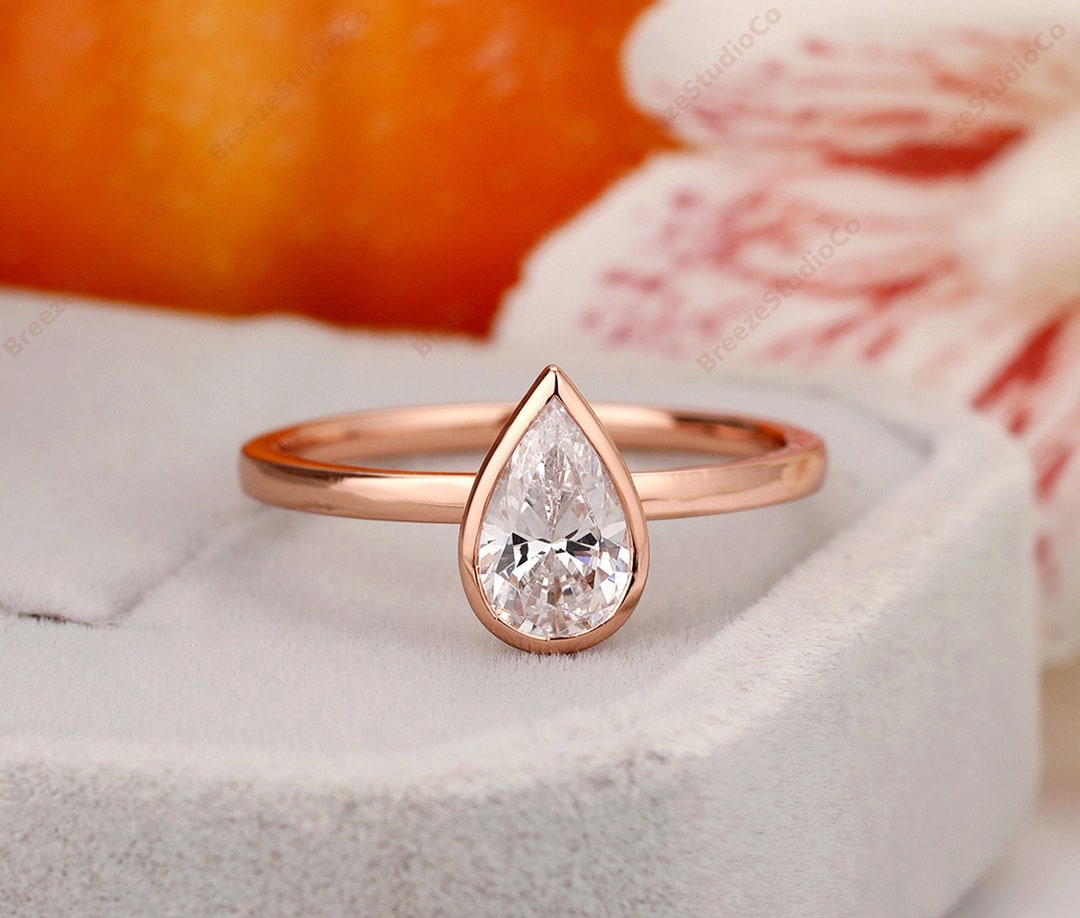 Handmade Bezel Solitaire Teardrop Moissanite Ring, 5x8mm Pear Simulated ...