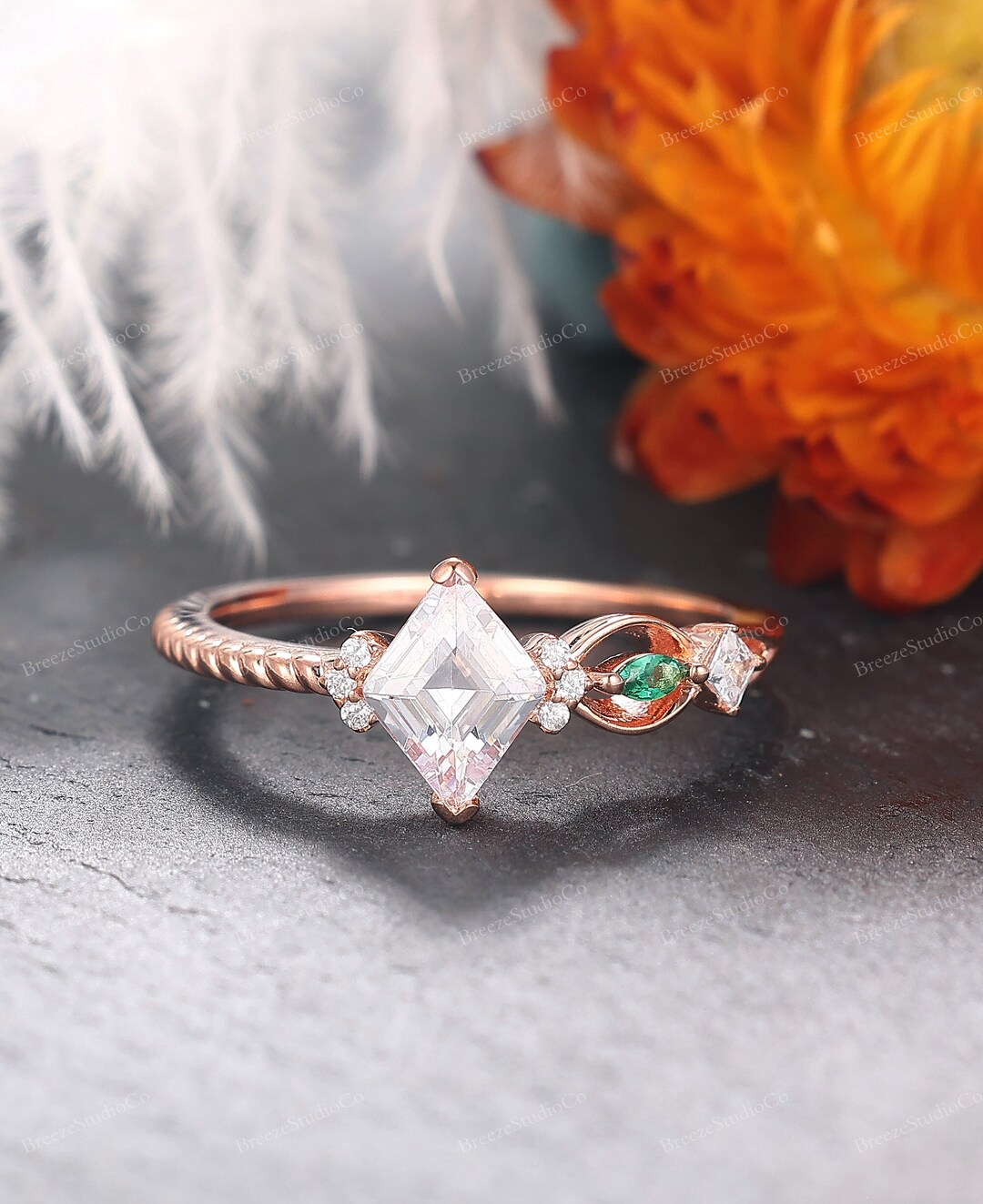 Unique Twisted Band Rhombus Engagement Ring Moissanite Ring Women Solid ...