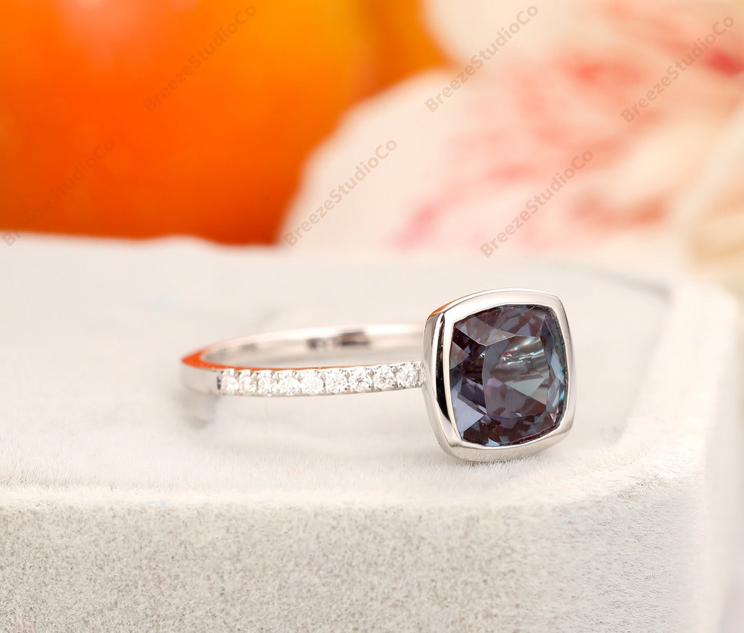 Bezel Set Half Eternity Alexandrite Ring, 14k Solid Rose Gold Gemstone ...