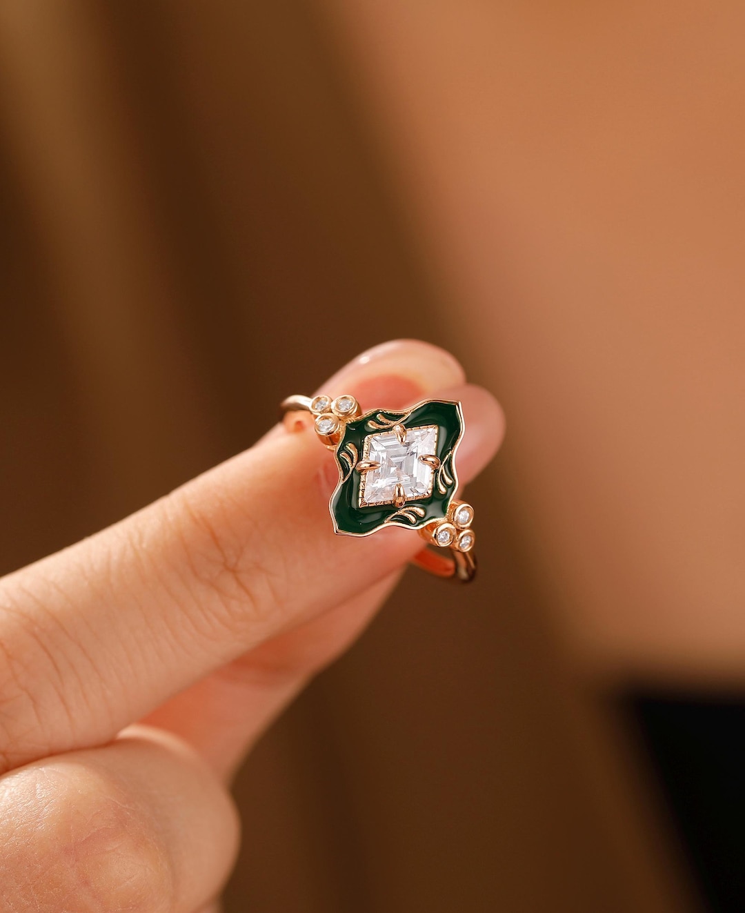 Retro Rhombus Cut Moissanite Diamond Engagement Ring Rose Gold Unique ...