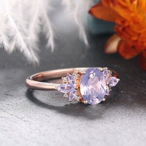 Vintage Oval Lavender Amethyst Engagement Ring Unique Cluster Promise ...