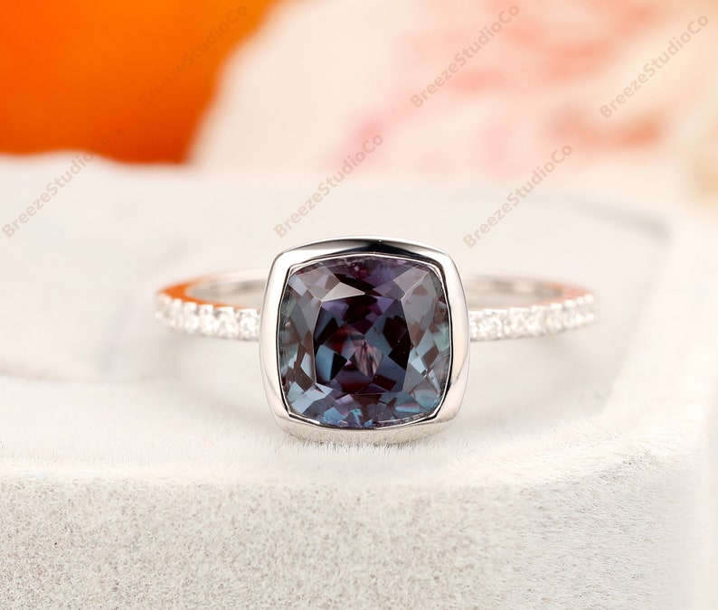 Bezel Set Half Eternity Alexandrite Ring, 14k Solid Rose Gold Gemstone ...