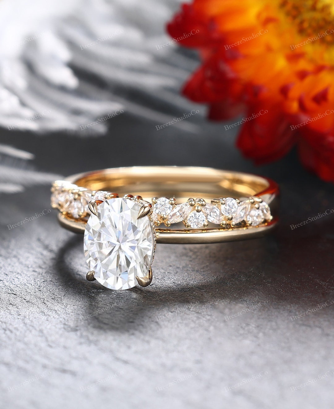 Vintage Oval Moissanite Bridal Set Hidden Halo 2CT Moissanite Multi ...