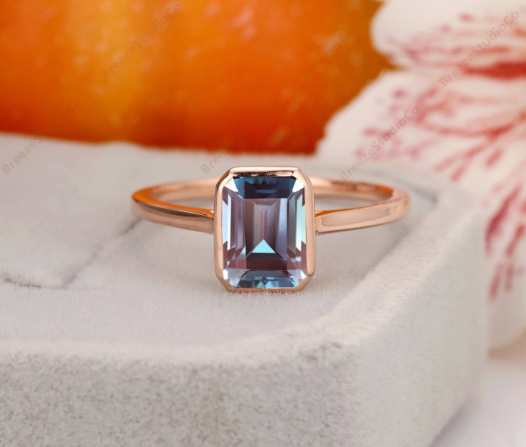 14k Rose Gold Alexandrite Solitaire Ring in Bezel Set, Emerald Cut ...