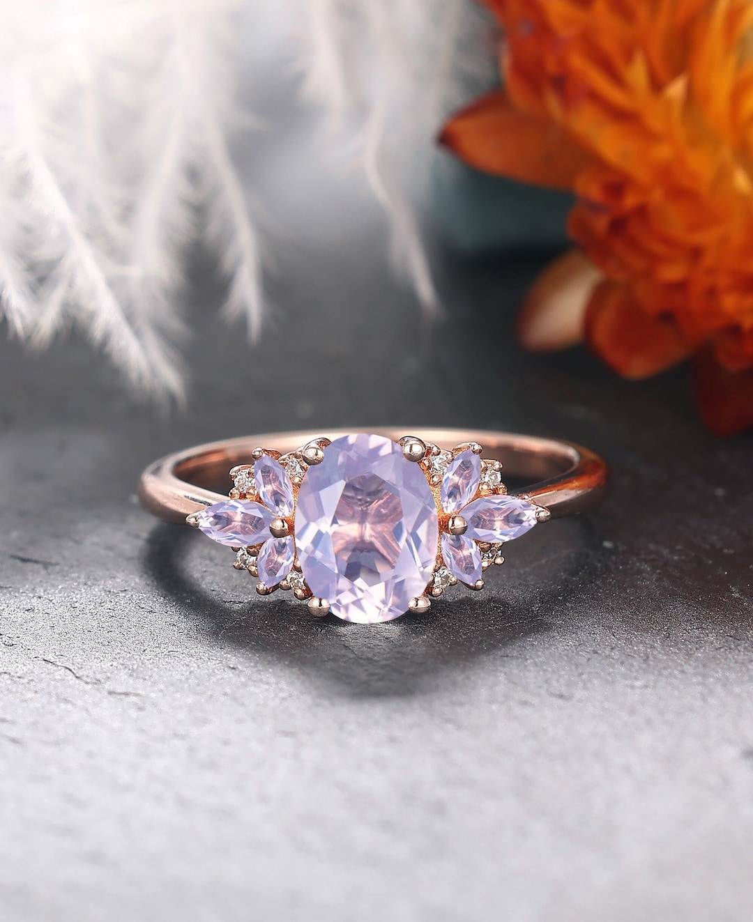 Vintage Oval Lavender Amethyst Engagement Ring Unique Cluster Promise ...